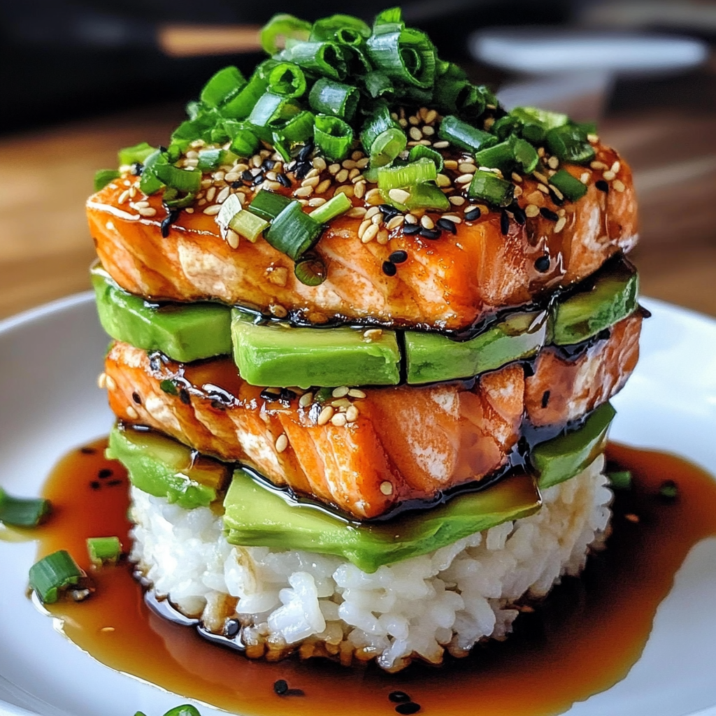 Teriyaki Salmon Avocado Rice Stack – Easy & Healthy Meal – speedyyums