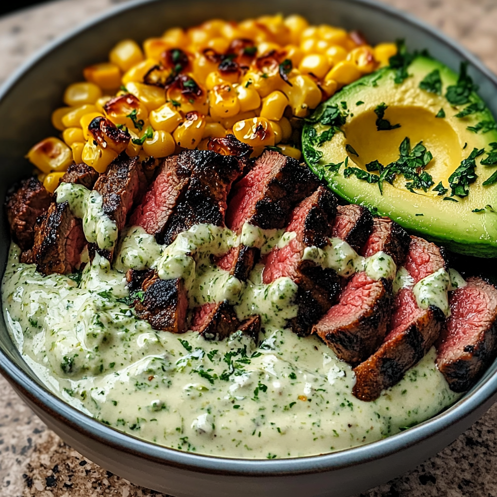 Steak, Avocado & Roasted Corn Bowl with Cilantro Cream Sauce – A ...